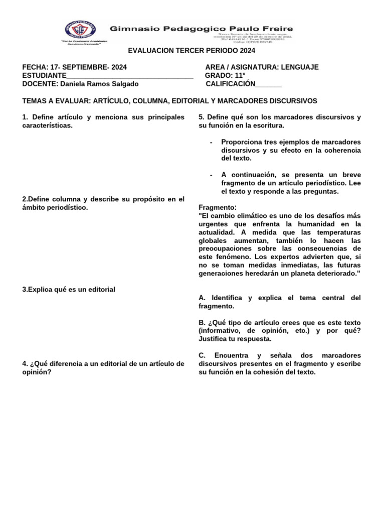 11° PRUEBA ESCRITA | PDF | Cambio climático
