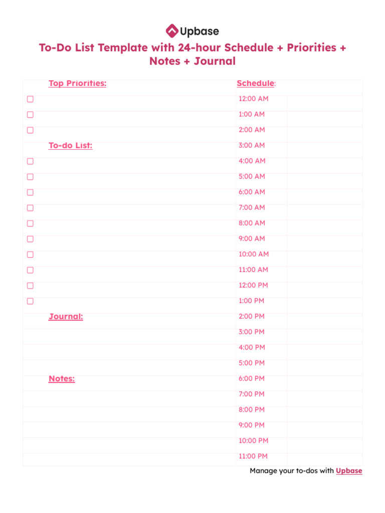 19 To Do List Template With 24 Hour Daily Schedule Three High Priority ...