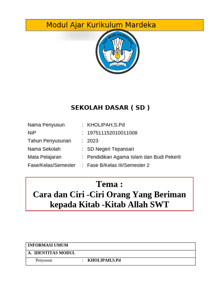 Modul Ajar Kelas 3 Bab 7 Cara Dan Ciri Ciri Beriman Kepada Kitab Kitab Allah | PDF