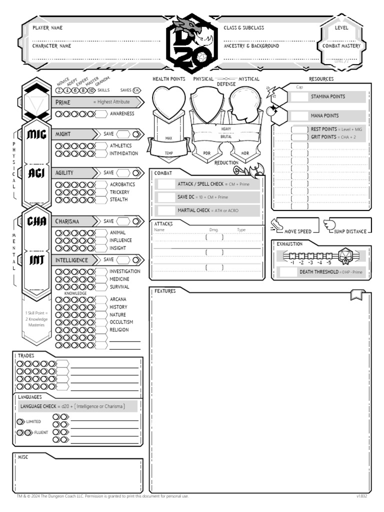 DC20 Beta 0 9 (Fillable) Character Sheet (1) | PDF | Clothing | Fashion