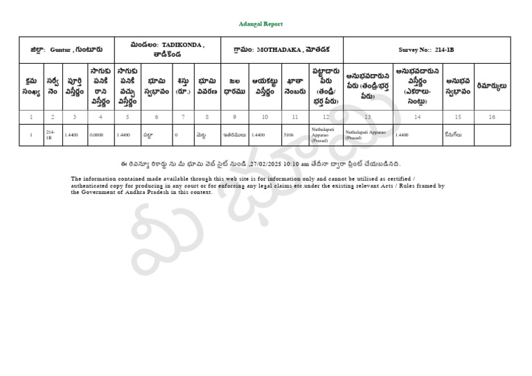 Adangal of 214-1B | PDF