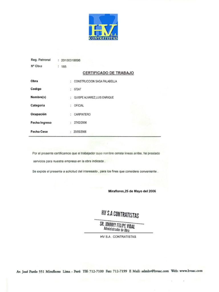 HV Certificado Aficial Carpintero | PDF