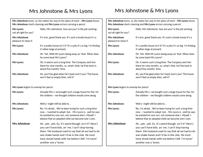 Blood Brothers Mrs. Johnstone and Mrs. Lyons Scene | PDF
