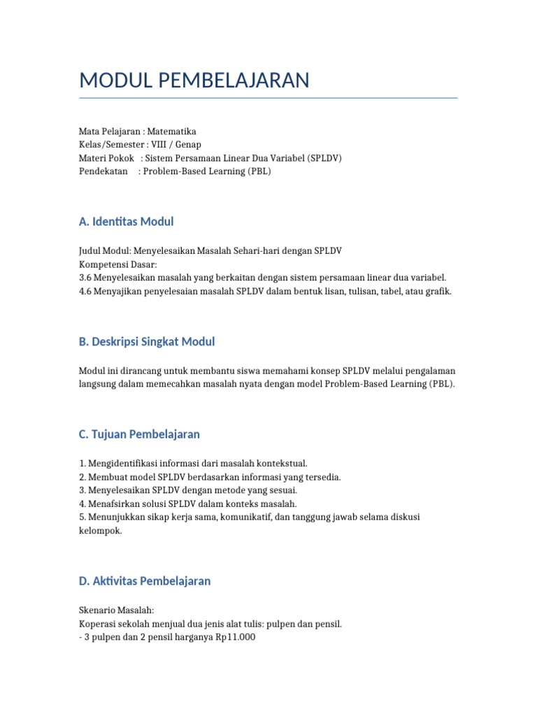 Modul SPLDV PBL | PDF