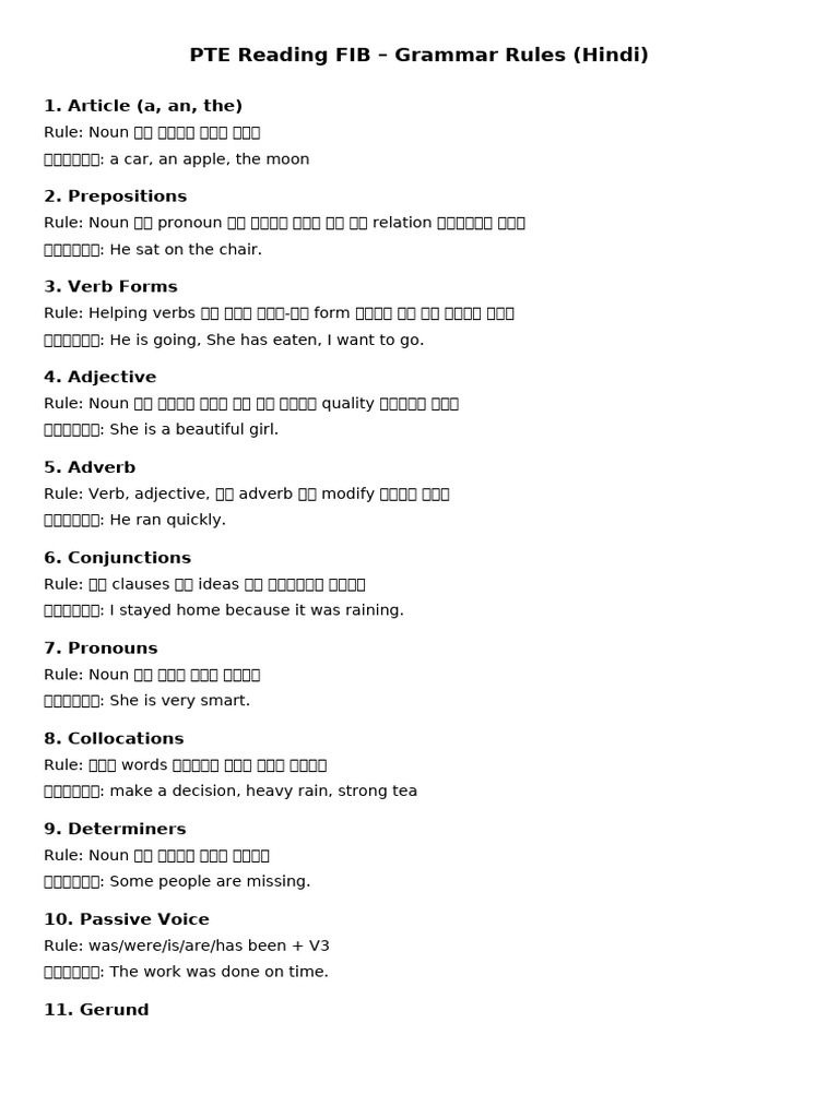 PTE FIB Grammar Rules Hindi | PDF