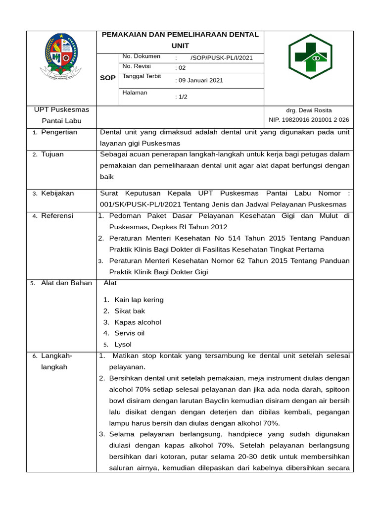 SOP PEMAKAIAN DAN PEMELIHARAAN DENTAL UNIT 2021 | PDF