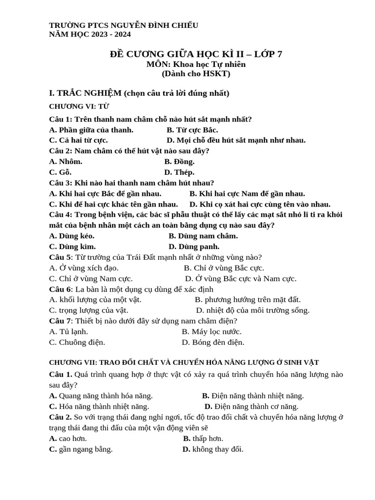 De Cuong gk2 KHTN 7 - HSKT | PDF