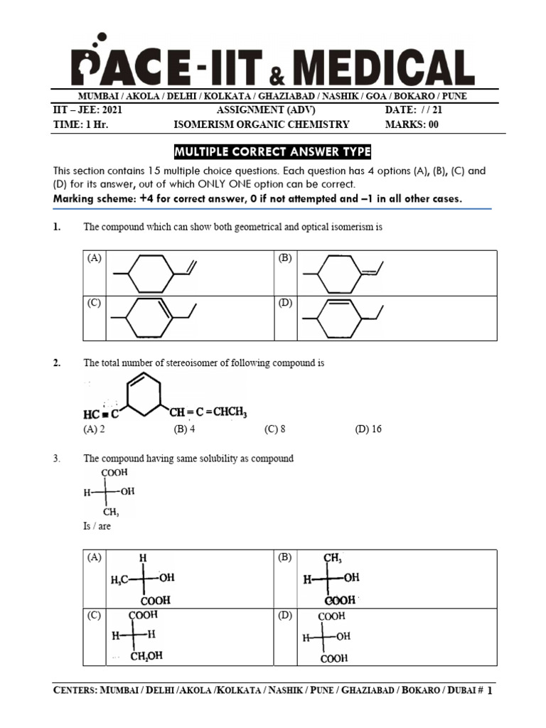 Isomerism Organic Chemistry Assignment Que (Adv) Amch Sir. | PDF | Isomer | Physical Chemistry
