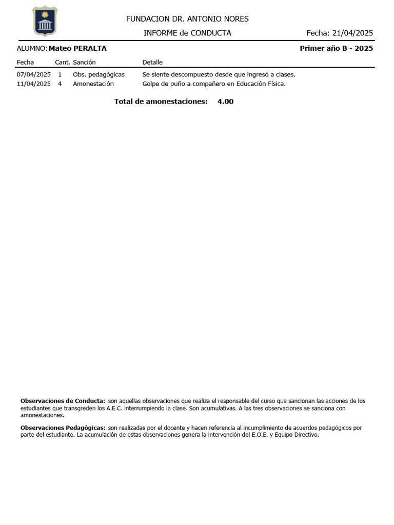 InformeConductaAlumno PERALTA Mateo | PDF