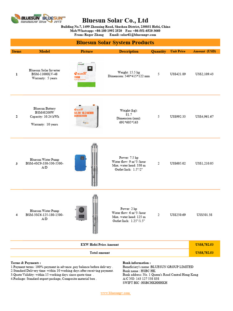 Bluesun Solar System Product Quote | PDF | Electric Power