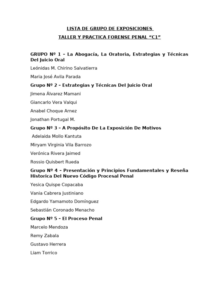 Lista de Grupo de Exposiciones Taller y Practica Forense 1ra y 2da Ronda de Exposiciones | PDF