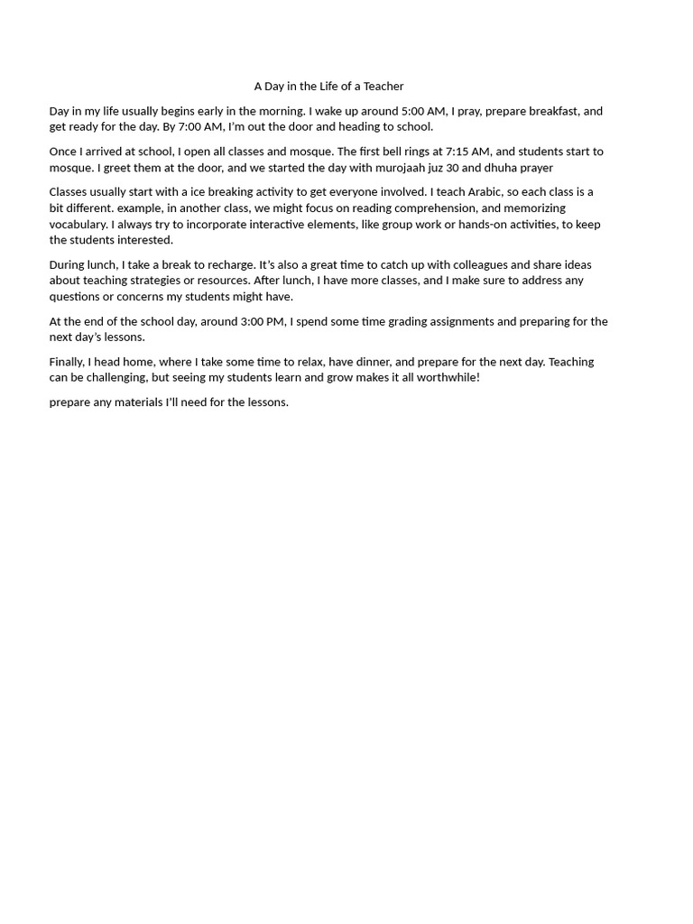 A Day in The Life of A Teacher | PDF