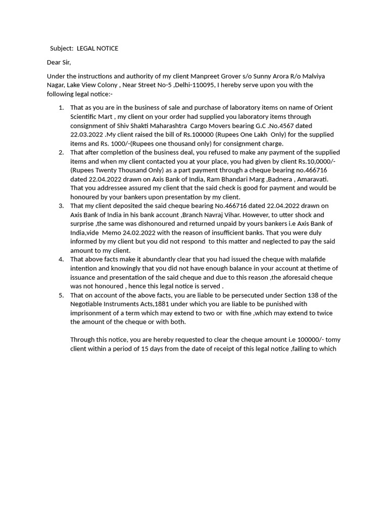 Devyani Sahu Legal Notice | PDF | Cheque