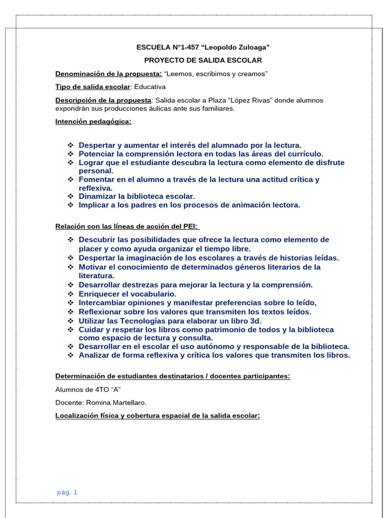 Proyecto Salida Escolar Octubre 2024 | PDF | Plan de estudios | Biblioteca escolar