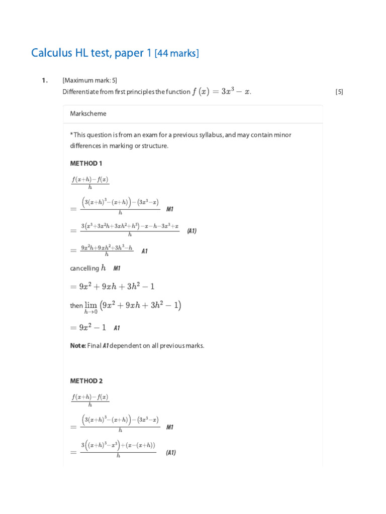 Calculus HL Test, Paper 1 MS | PDF | Derivative | Mathematical Concepts
