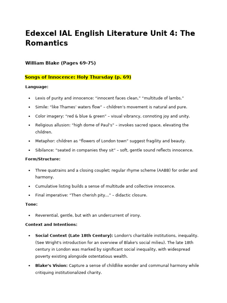 Analysis of Blake and Wordsworth's Poetry | PDF