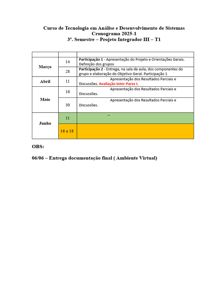 Cronograma - Projeto Integrador III-T1 | PDF