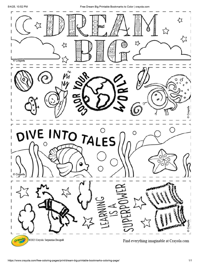 Free Dream Big Printable Bookmarks to Color _ crayola.com | PDF