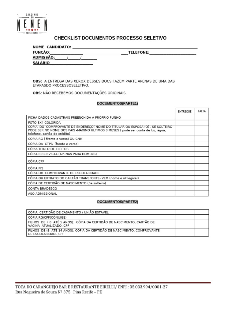 Checklist Documentos Admissão | PDF
