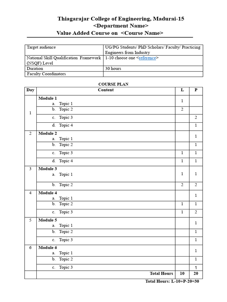 Sample VAC Course Plan-Template | PDF | Educational Stages | Qualifications