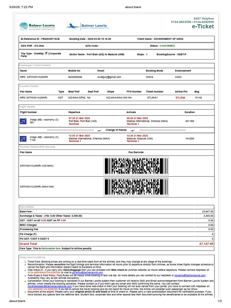 Sathish Kumari Port Blair To Madurai 21-03-2025 | PDF