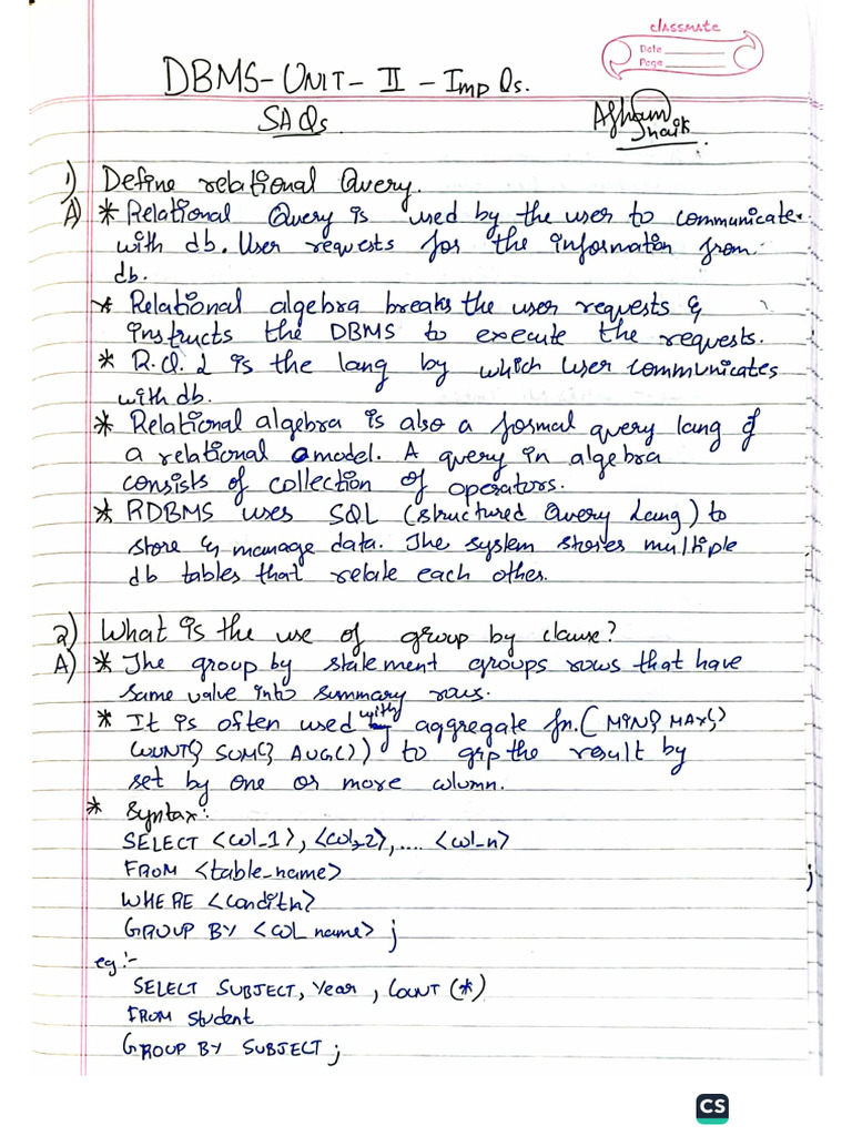 s.afham Dbms Unit2 Imp&Pyqs | PDF