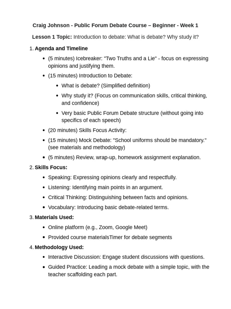 Craig Johnson - Public Forum Debate Course Agenda Timeline - Beginner ...