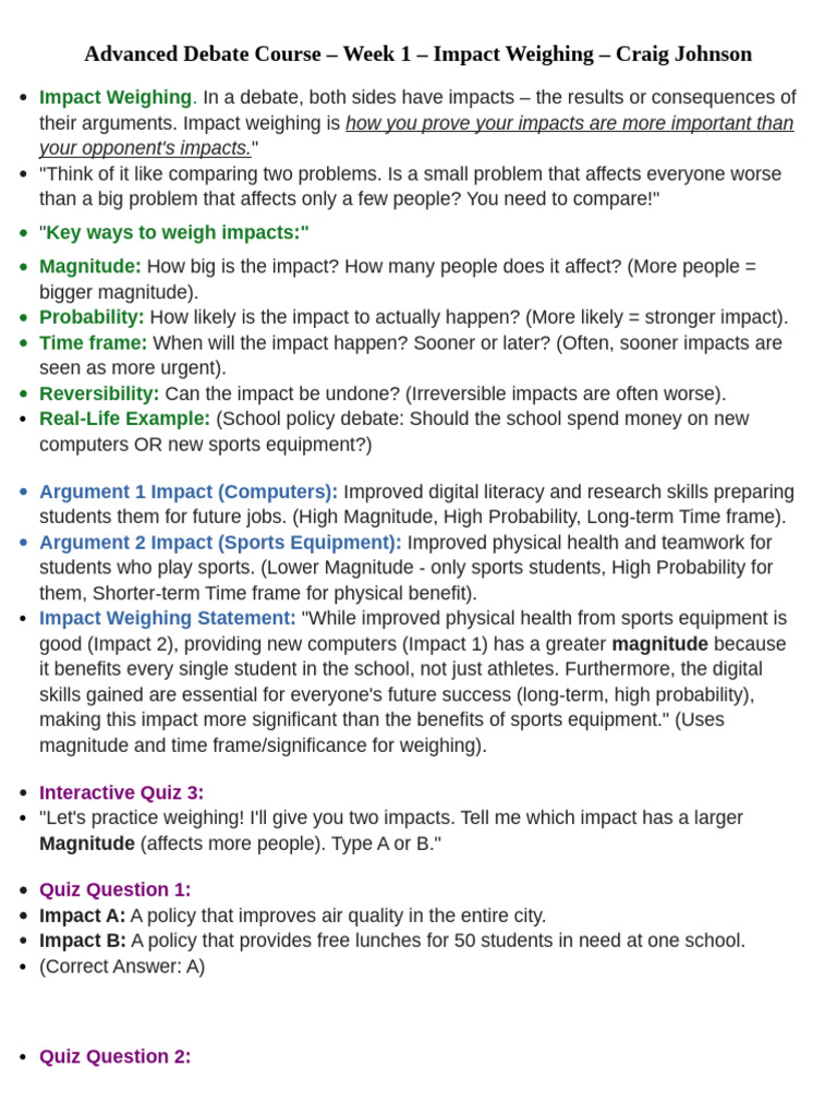 Advanced Debate Course – Week 1 – Impact Weighing – Craig Johnson | PDF