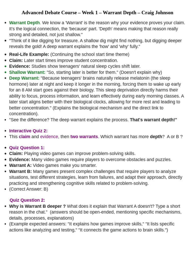 Advanced Debate Course - Week 1 - Warrant Depth - Craig Johnson | PDF
