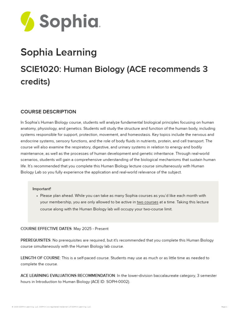 Sophia Human Biology Syllabus | PDF | Human Body | Nervous System