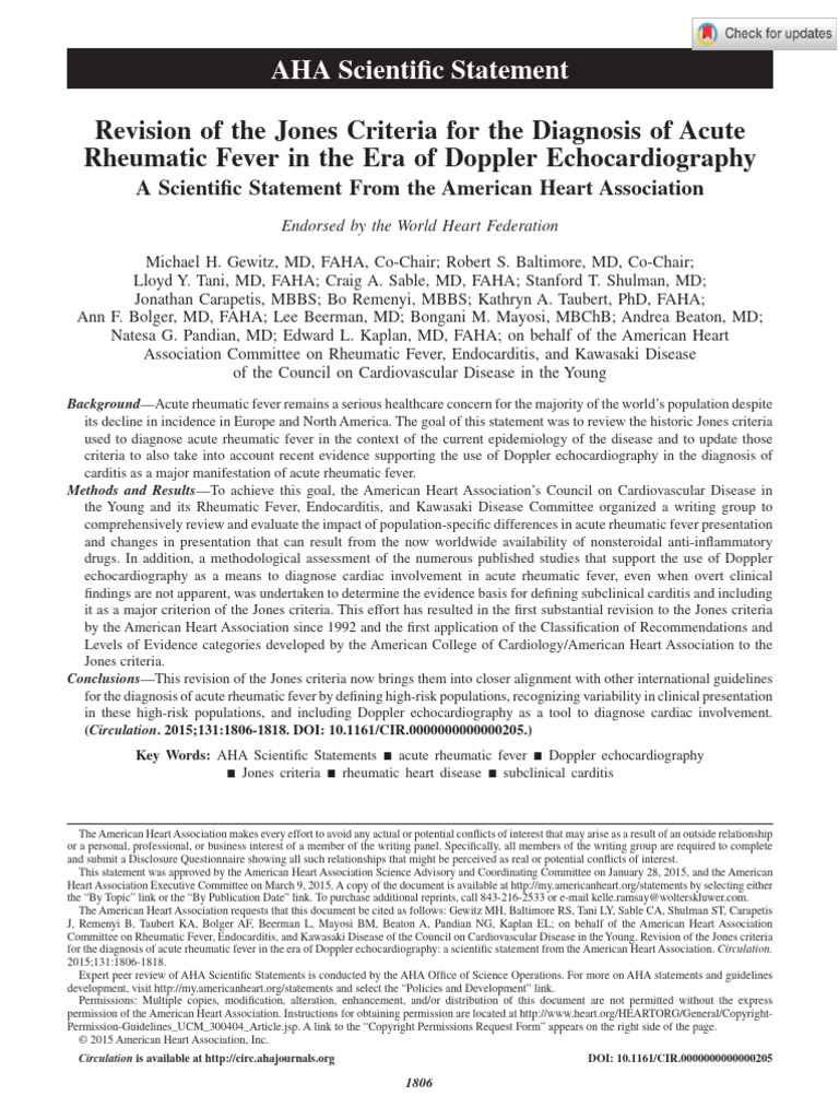 Gewitz Et Al 2015 Revision of the Jones Criteria for the Diagnosis of ...