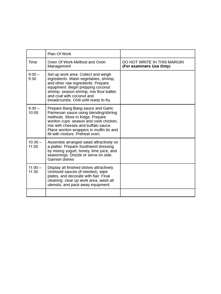 Cooking Time Plan Template | PDF