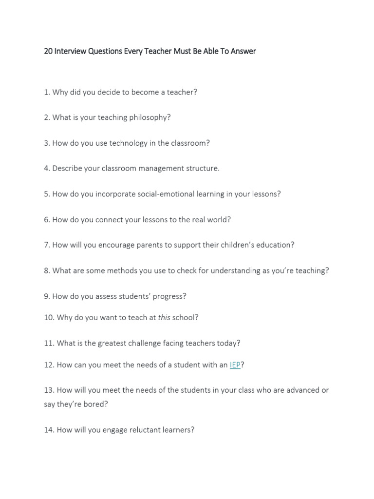 20 Interview Questions Every Teacher Must Be Able To Answer | PDF ...