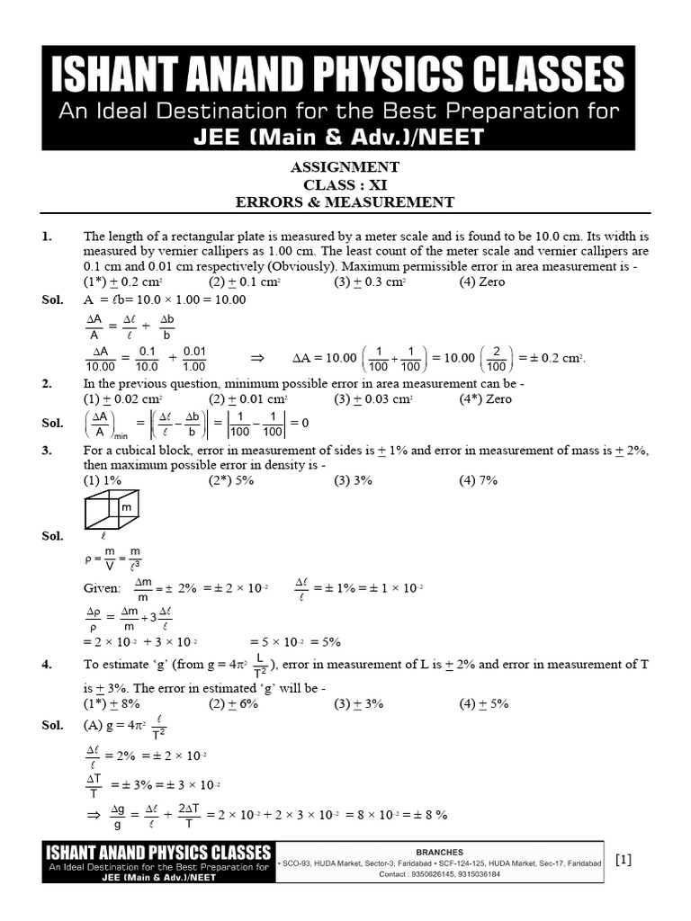 XI - Assignment-Errors & Measurement - Hints & Solutions | PDF | Significant Figures | Physical ...