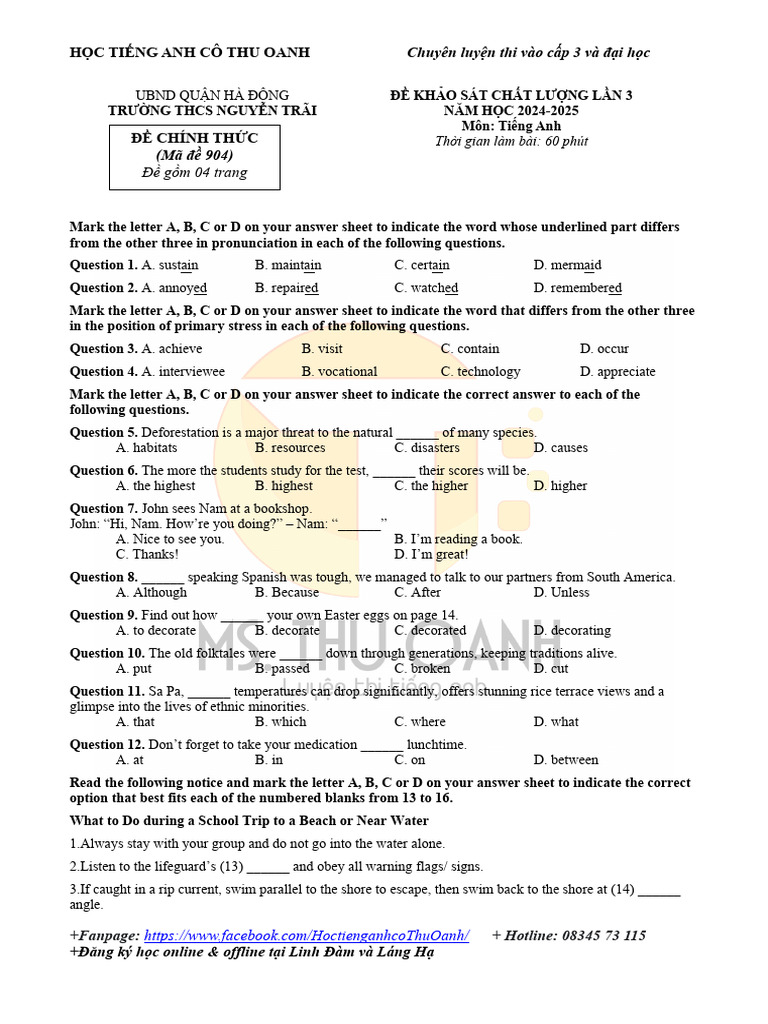 Đề Khảo Sát Vào 10. Hà Nội 2025. Quận Hà Đông Cô Thu Oanh | PDF | Singing