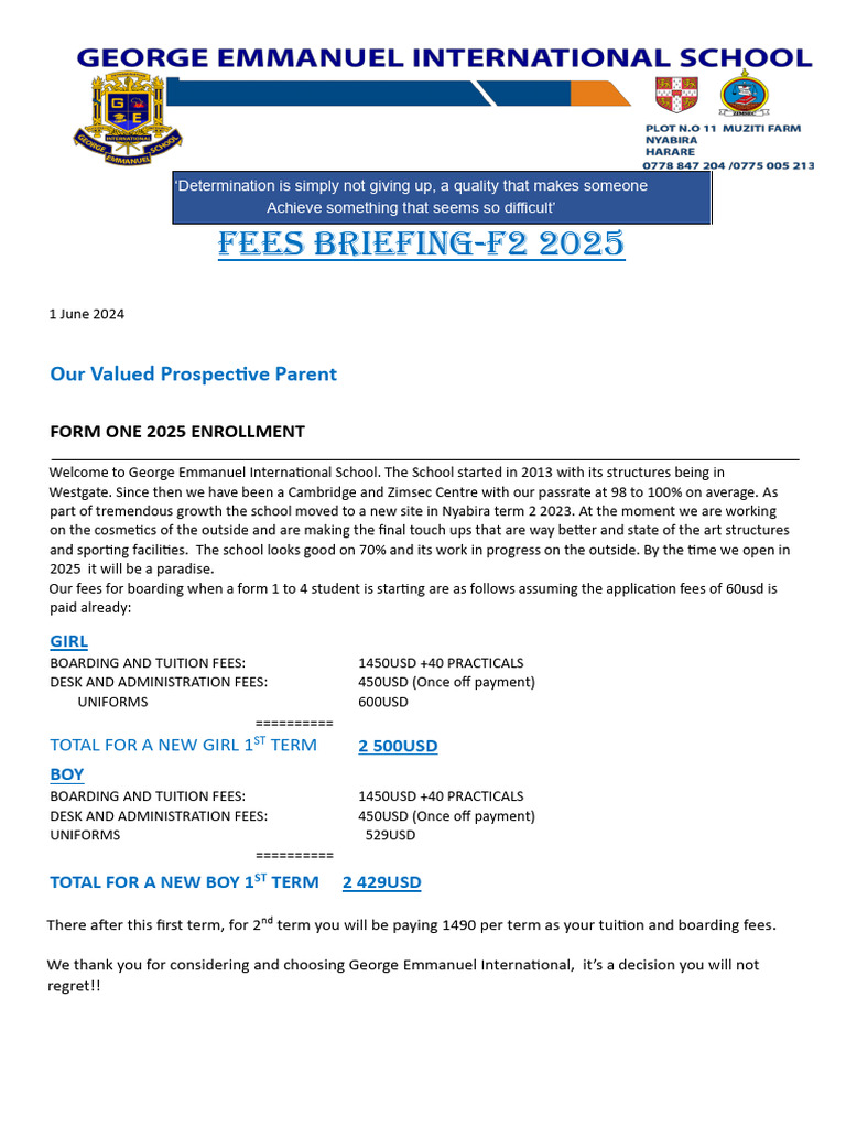 Form One 2025 Enrollment Fees Guide | PDF