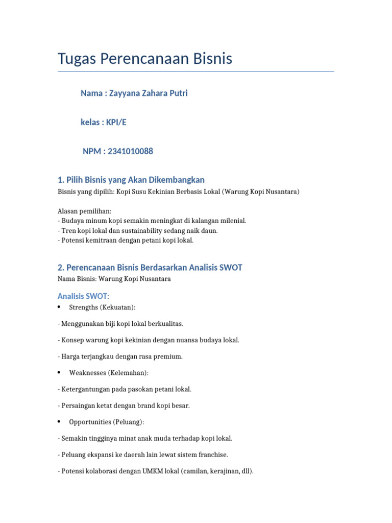 Tugas Perencanaan Bisnis Zayana | PDF