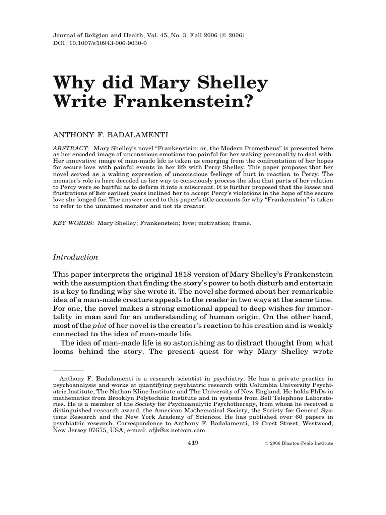 Why Did Mary Shelley Write Frankenstein?: Anthony F. Badalamenti | PDF ...