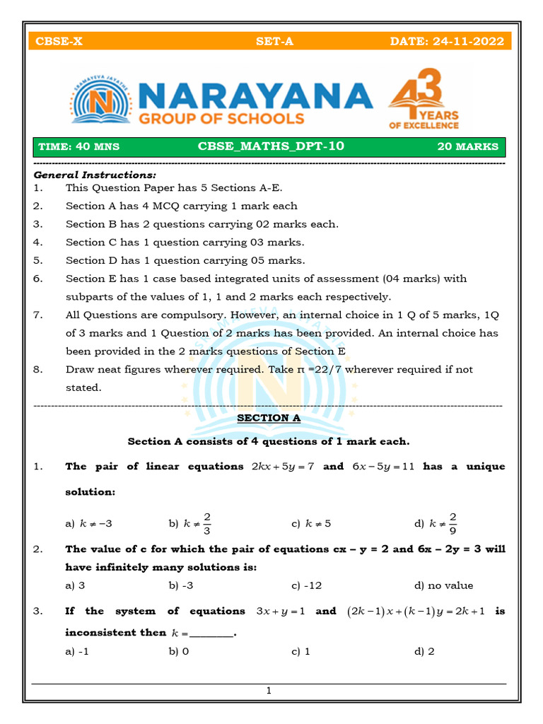 Set A Cbse X Maths DPT 10-24-11 22 QP | PDF | Mathematics ...