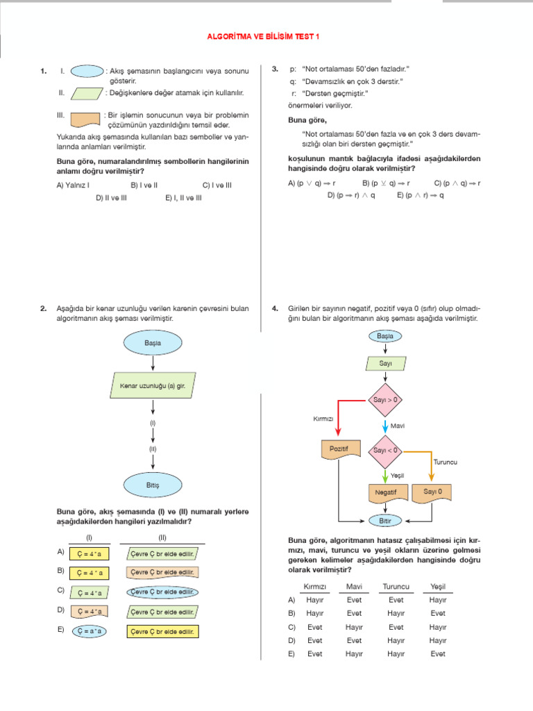 Algoritma Ve Bilişim Test | PDF