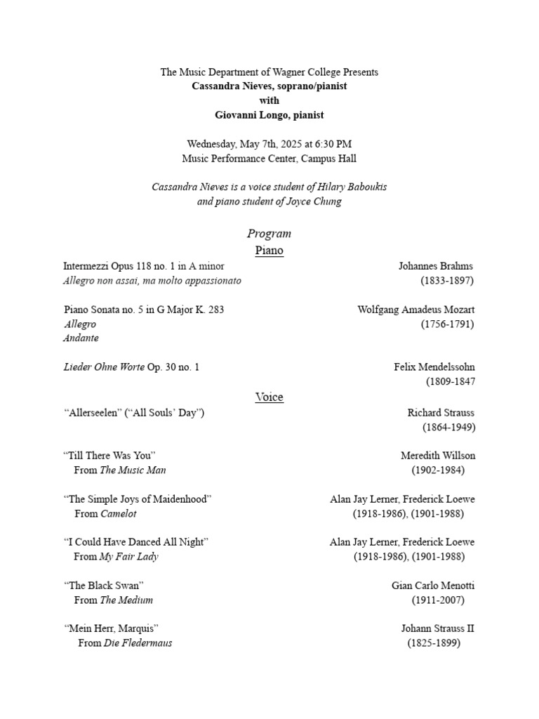 Junior Recital Program - Casandra Nieves | PDF | Johannes Brahms | Opus ...