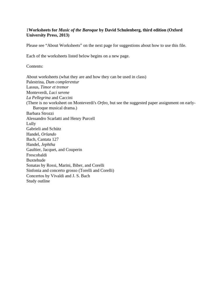 Worksheets For Music of The Baroque by David Schulenberg | PDF | Bach ...