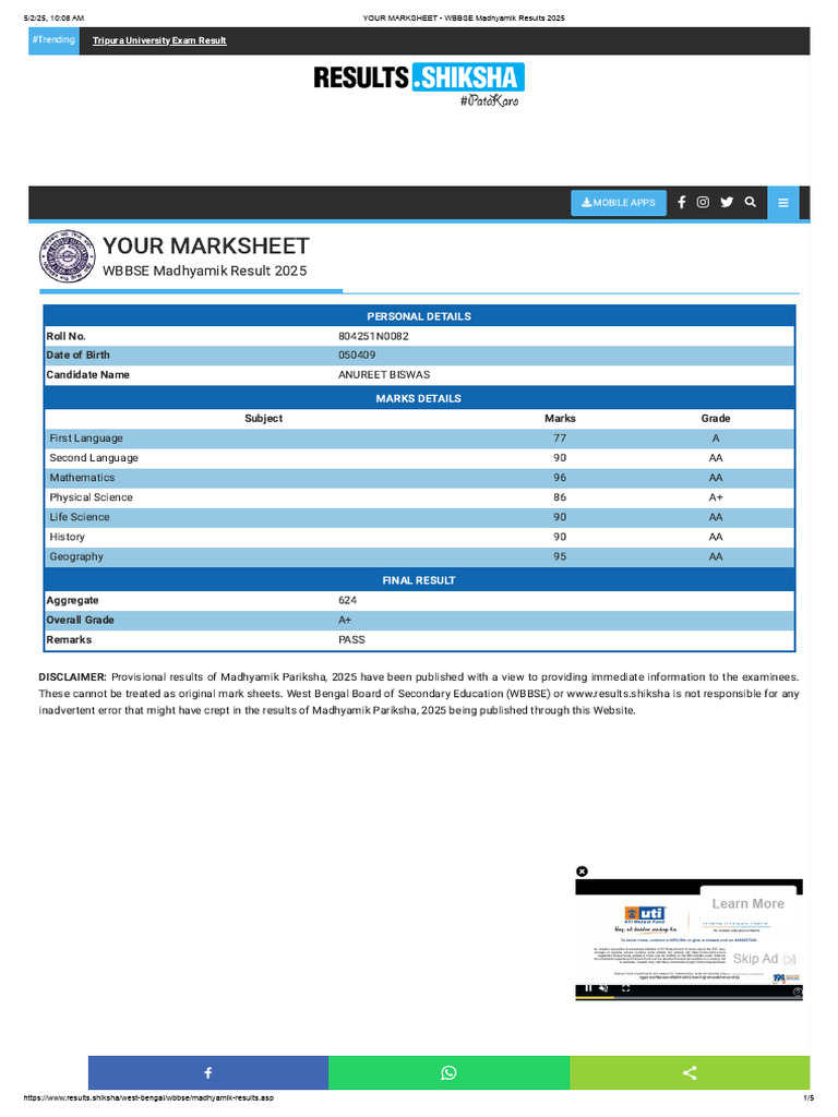 YOUR MARKSHEET - WBBSE Madhyamik Results 2025 | PDF | Educational Assessment And Evaluation ...