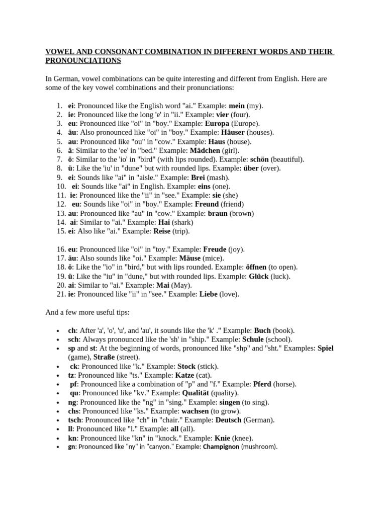 Vowel and Consonant Combination in Different Words and Their Pronounciations | PDF | Phonetics ...