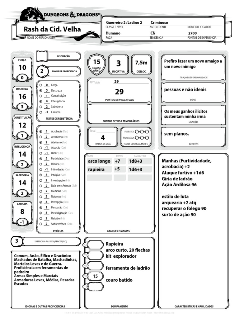 Ficha de Personagem RPG: Guerreiro e Ladino | PDF