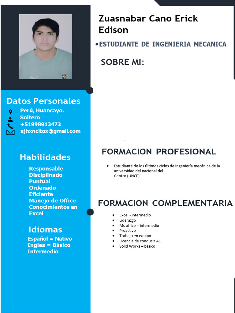 Zuasnabar Cano Erick Edison: Sobre Mi | PDF