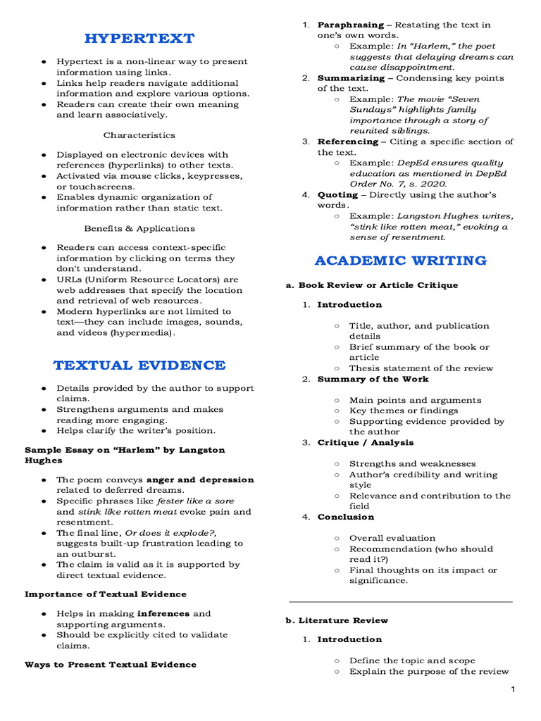 Reading and Writing - Summary of Concepts | PDF | Hyperlink | Hypertext