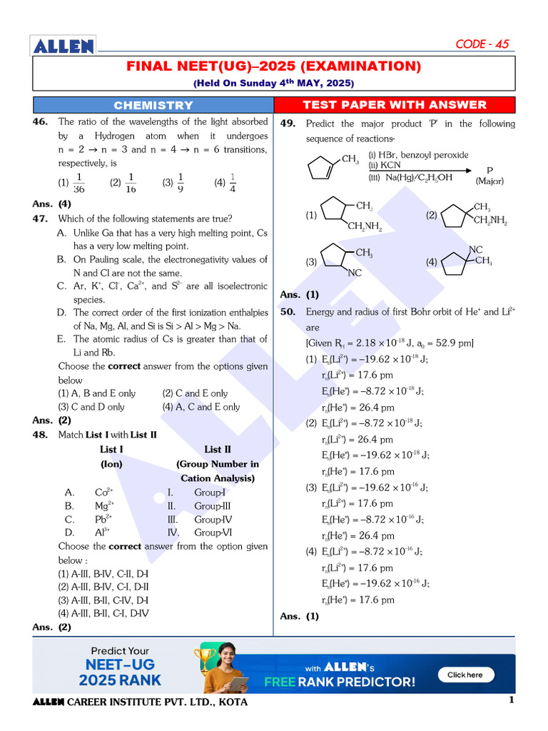 Chemistry Paper With Answer Code 45 | PDF
