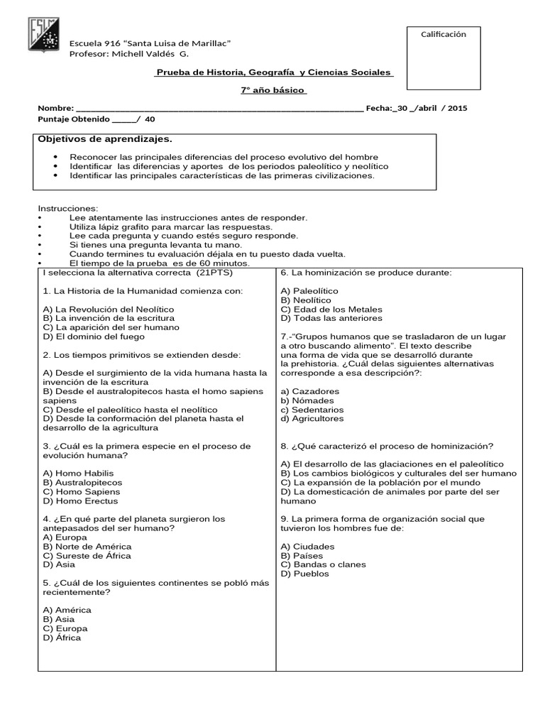 Prueba 7mo Basico Prehistoria y Poblamiento Americano | PDF | Evolución humana | Homo