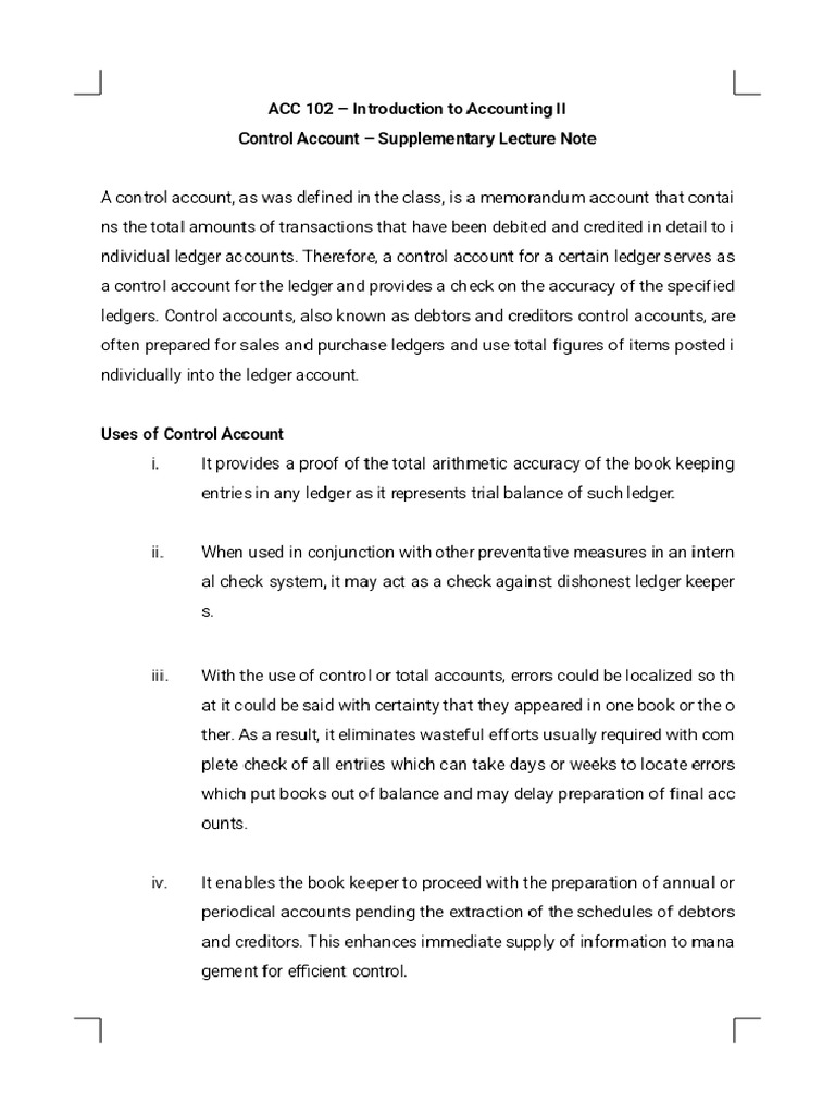 Control Account - Supplementary Lecture Note-1 - Phoenix | PDF